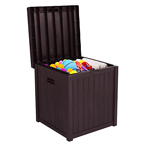 Volowoo 51Gallon Small Deck Box,Waterproof Plastic Lockable Indoor/Outdoor Storage Container and Seat for Patio Cushions and Gardening Tools,Store Items on Patio, Garage, Yard (Brown)