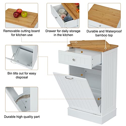 Kinsuite Tilt Out Trash Bin - White Wooden Trash Cabinet, Free Standing Kitchen Trash Can, Holder & Recycling Cabinet with Hideaway Drawer, Removable Bamboo Cutting Board