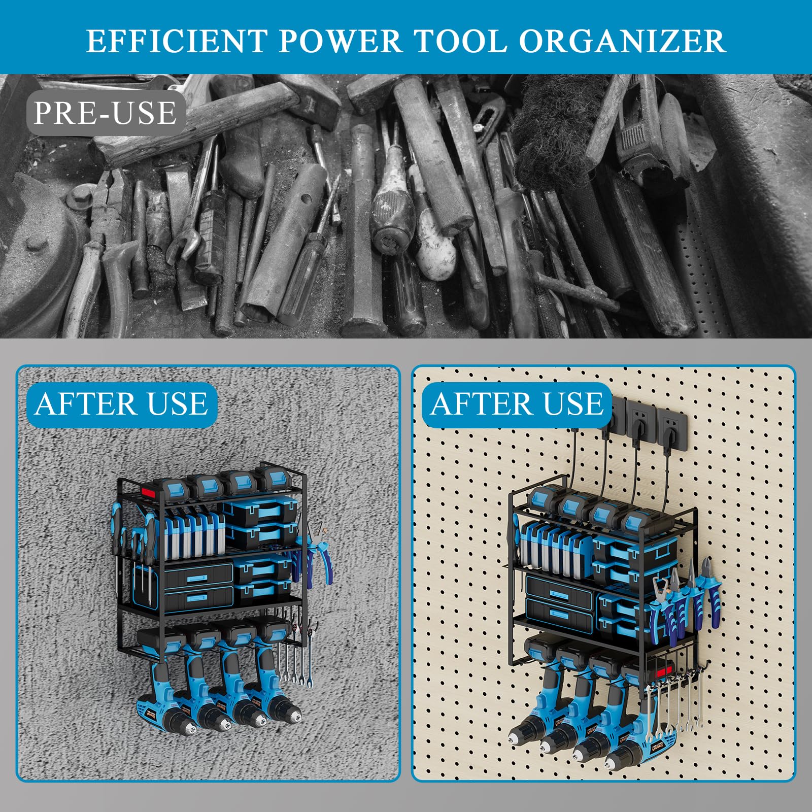 Power Tool Organizer Wall Mount, 4 Drill Holder 4 Layers Garage Tool Organizers and Tool Storage Rack, Heavy Duty Metal Tool Shelf with Screwdriver Holder Plier Holder Hammer Holder