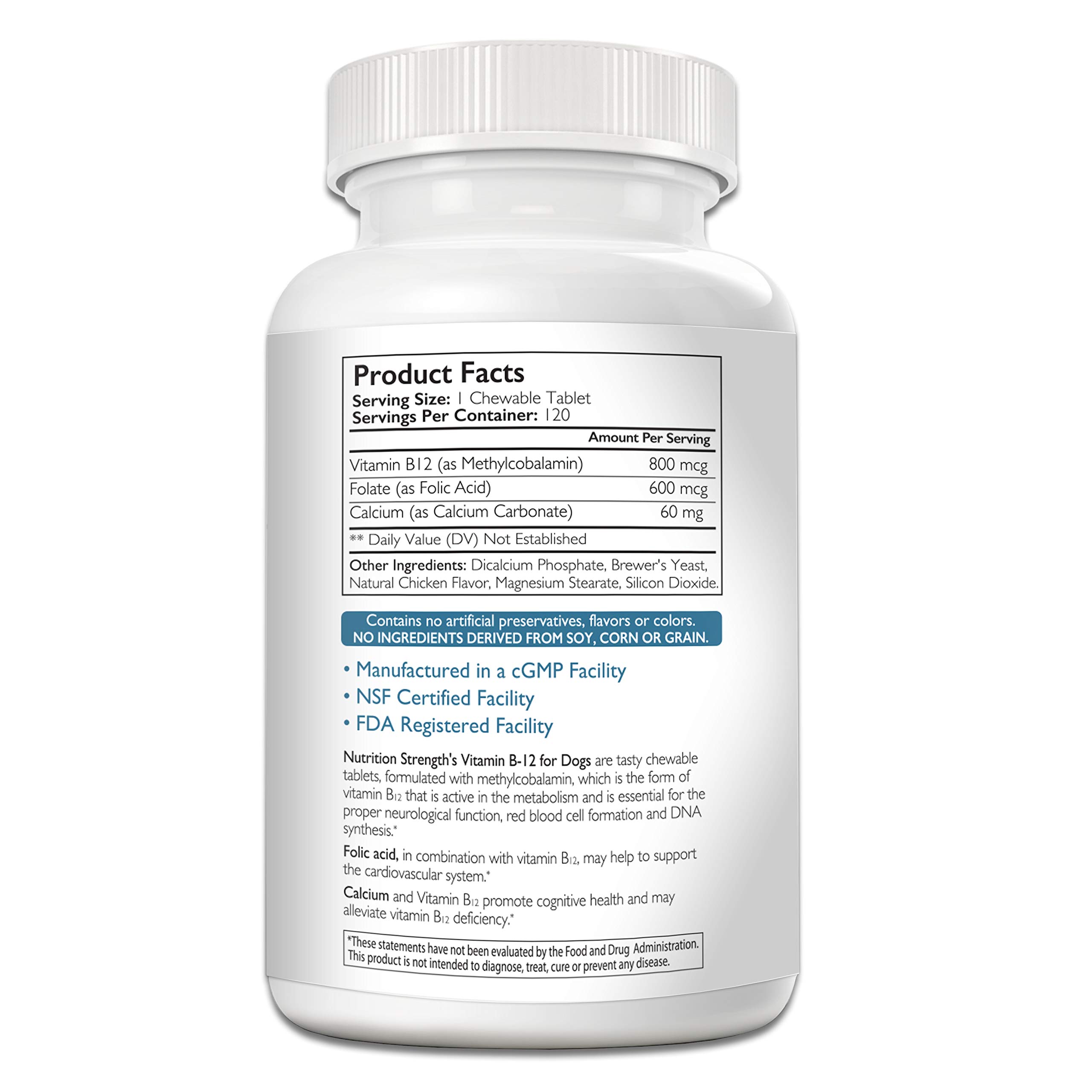 Nutrition Strength Vitamin B12 for Dogs Plus Folate & Calcium, Support the Nervous System & Blood Cell Formation, Help Sustain Cellular Energy Generation & Maintain DNA Synthesis, 120 Chewable Tablets