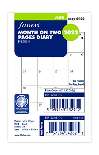 Filofax Mini Month on Two Pages English Diary - 2022, 22-68110