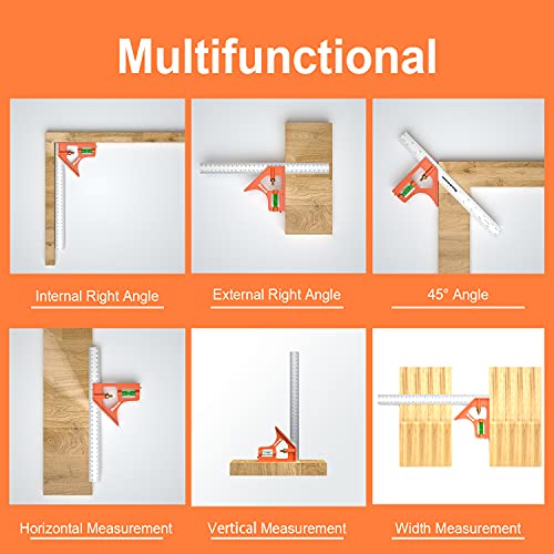 Mecurate 12β Combination Square, 12 Inch 300mm Stainless Steel Combo Square for Accurate and Adjustable Woodworking Measurement with 2pcs Carpentery Pencils (12 inch)