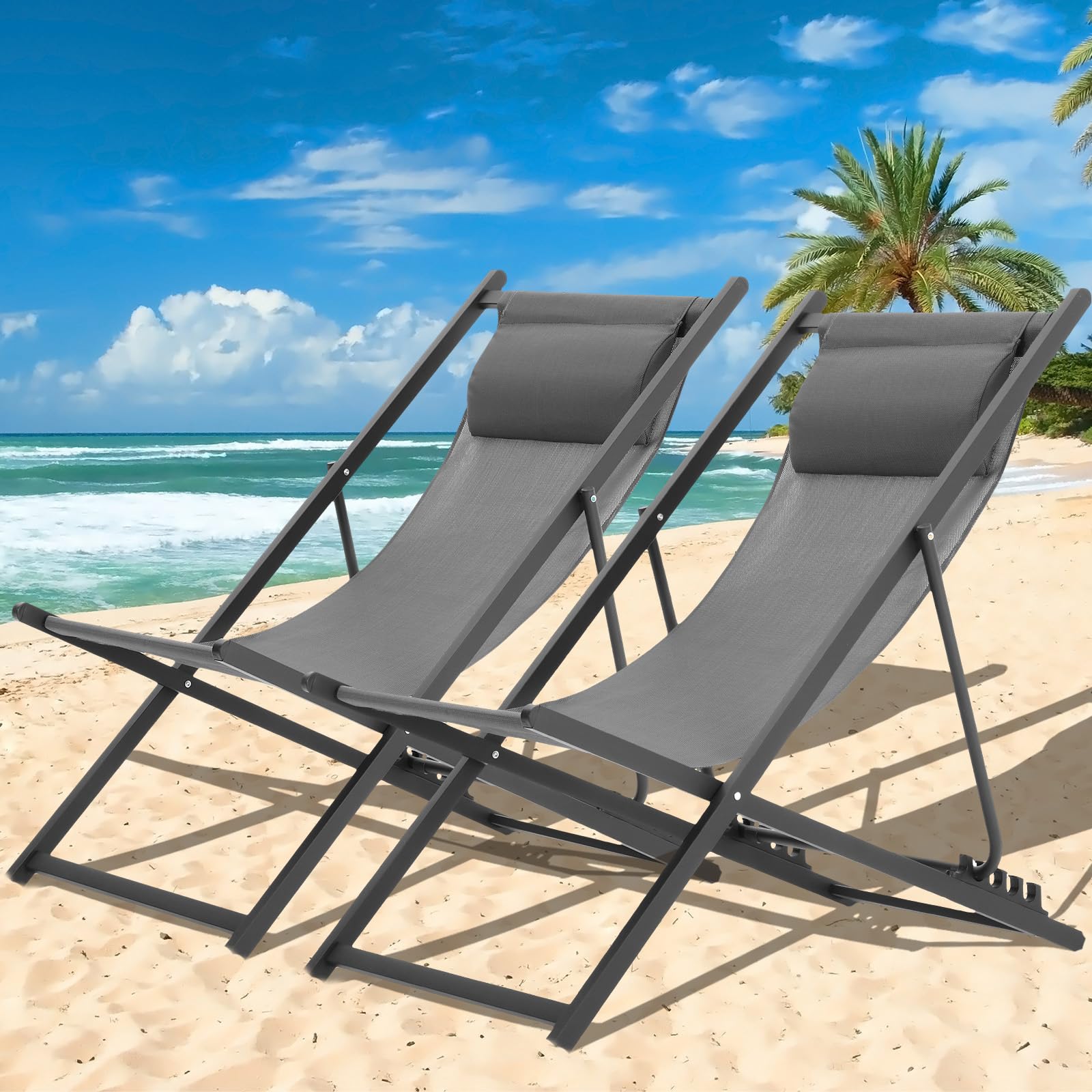 Menkxi 2 Pcs Patio Sling Chairs Outdoor Folding Poolside Chair with Pillow Adjustable 5 Levels Reclining Chairs Portable Beach Chairs Waterproof Breathable Mesh Aluminum Frame for Deck (Navy Blue)