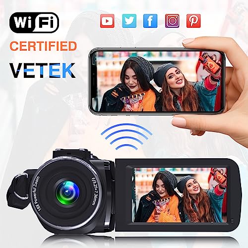 VETEK Video Camera 8k Camcorder 48MP UHD WiFi IR Night Vision Vlogging Camera for YouTube, 18X Digital Zoom 3.0β LCD Screen Digital Camera with Microphone, 32G SD Card, Remote Control and 2 Batteries