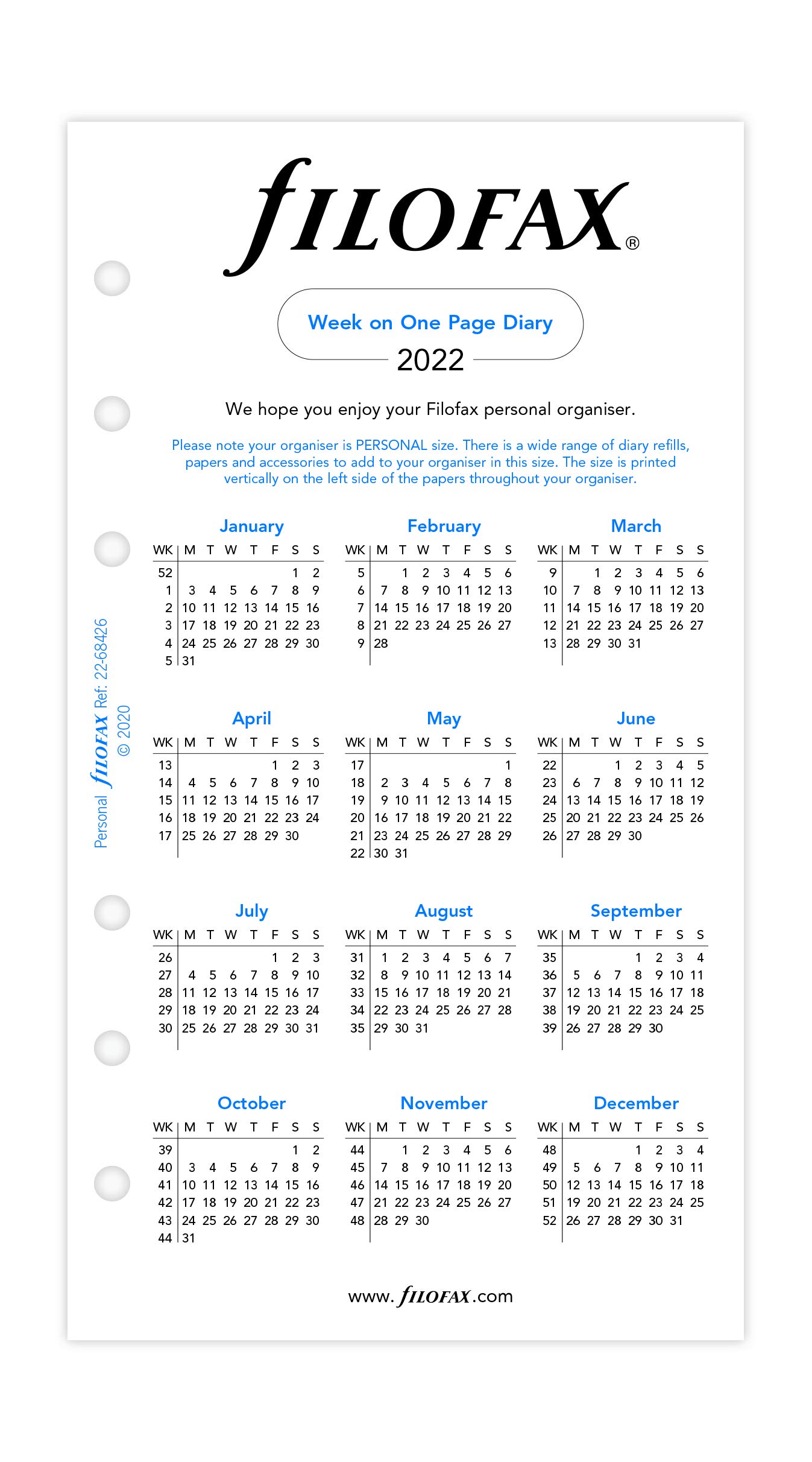 Filofax Personal week per page English 2022 diary