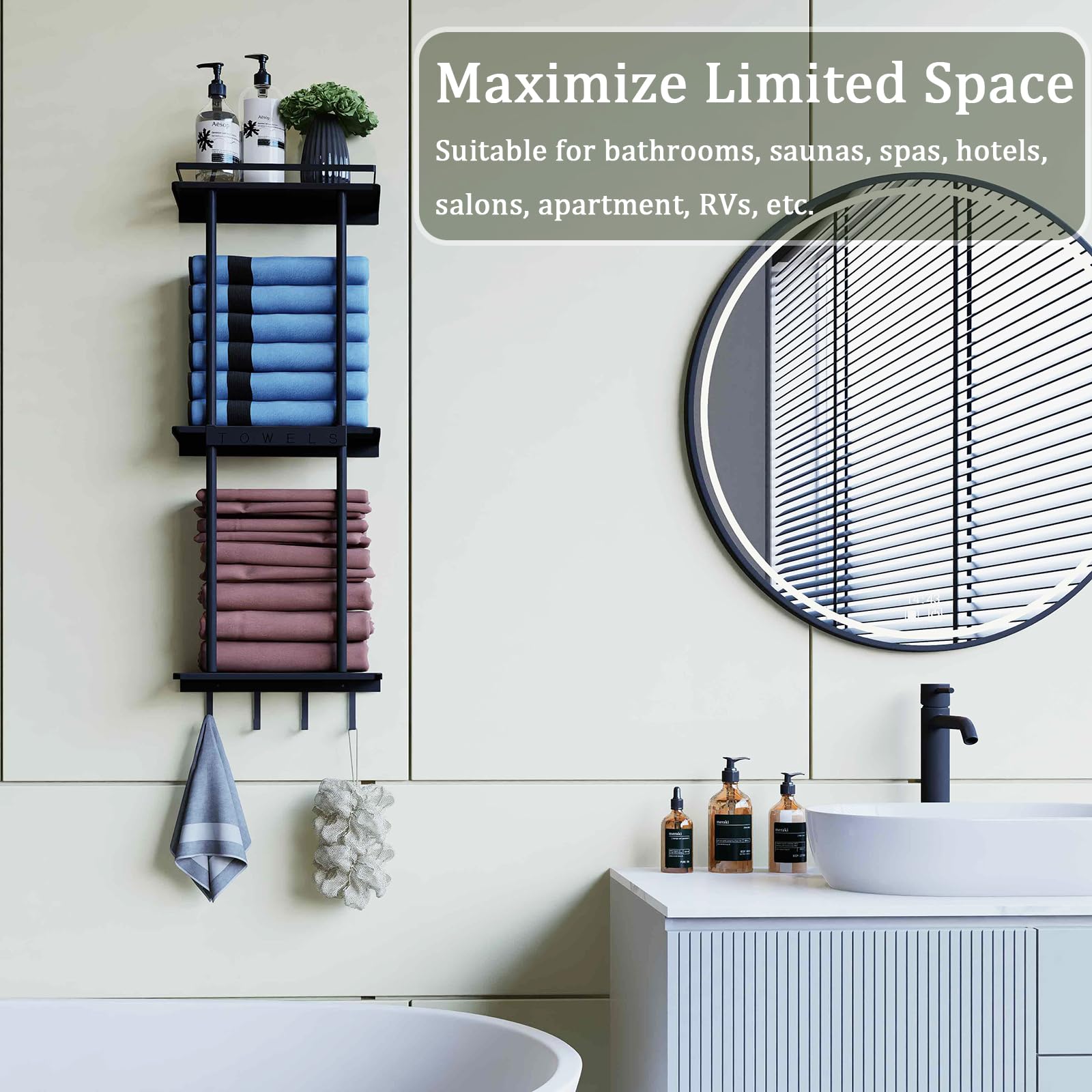Menoeceus Towel Racks for Bathroom, Towel Rack Wall Mounted with Shelf, 3 Tier Wall Towel Holder Rack with 4 Hooks, 30 inch Bath Towel Storage Shelf for Towels Organizer, Matte Black