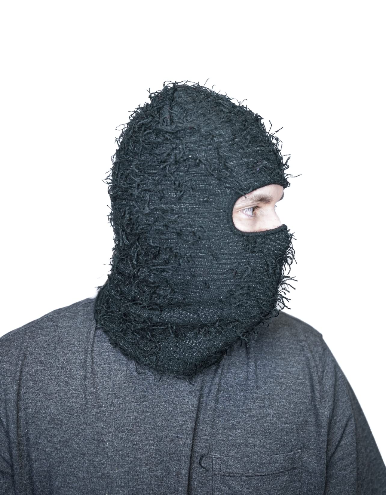 Fuzzy Shiesty Balaclava Distressed Knitted Full Face Ski Mask Winter Windproof Neck Warmer for Men & Women, Yeat Inspired (Black)