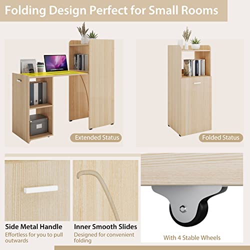 Tangkula Extendable Computer Desk for Small Space, Reversible Home Office Desk with Anti-Tipping Kit, Folding Study Writing Desk, Pull-Out PC Laptop Workstation Desk, Brown/Natural (Natural)