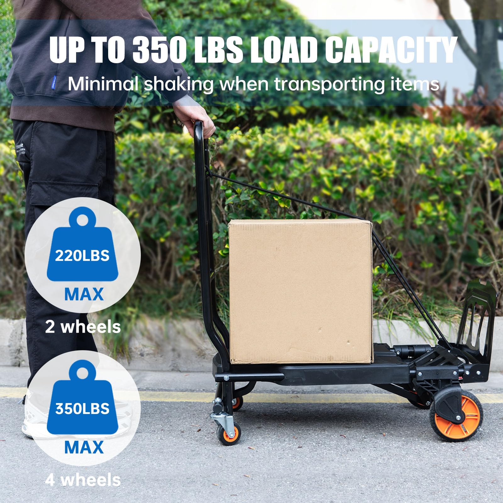 Insdawn Hand Truck and Dolly 2 in 1 Foldable 350LBS Capacity Portable Cart with Telescoping Handle and Wheels Elastic Rope for Luggage Office Travel