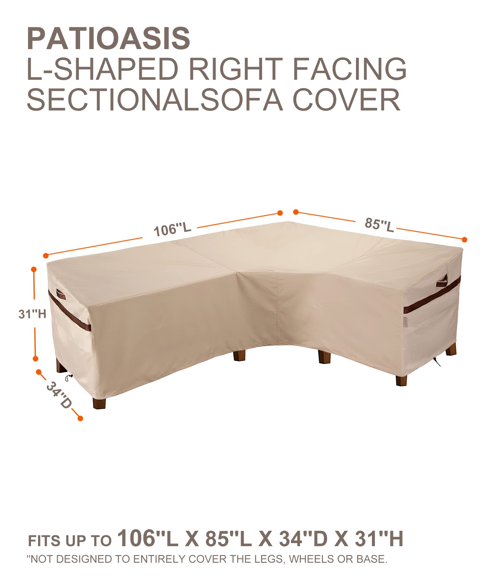 PATIOASIS Patio Right-Facing Sectional Lounge Set Cover 106''L x 85''L x 34''D x 31''/26''H Waterproof Outdoor Furniture L-Shaped Sofa Sectional Covers