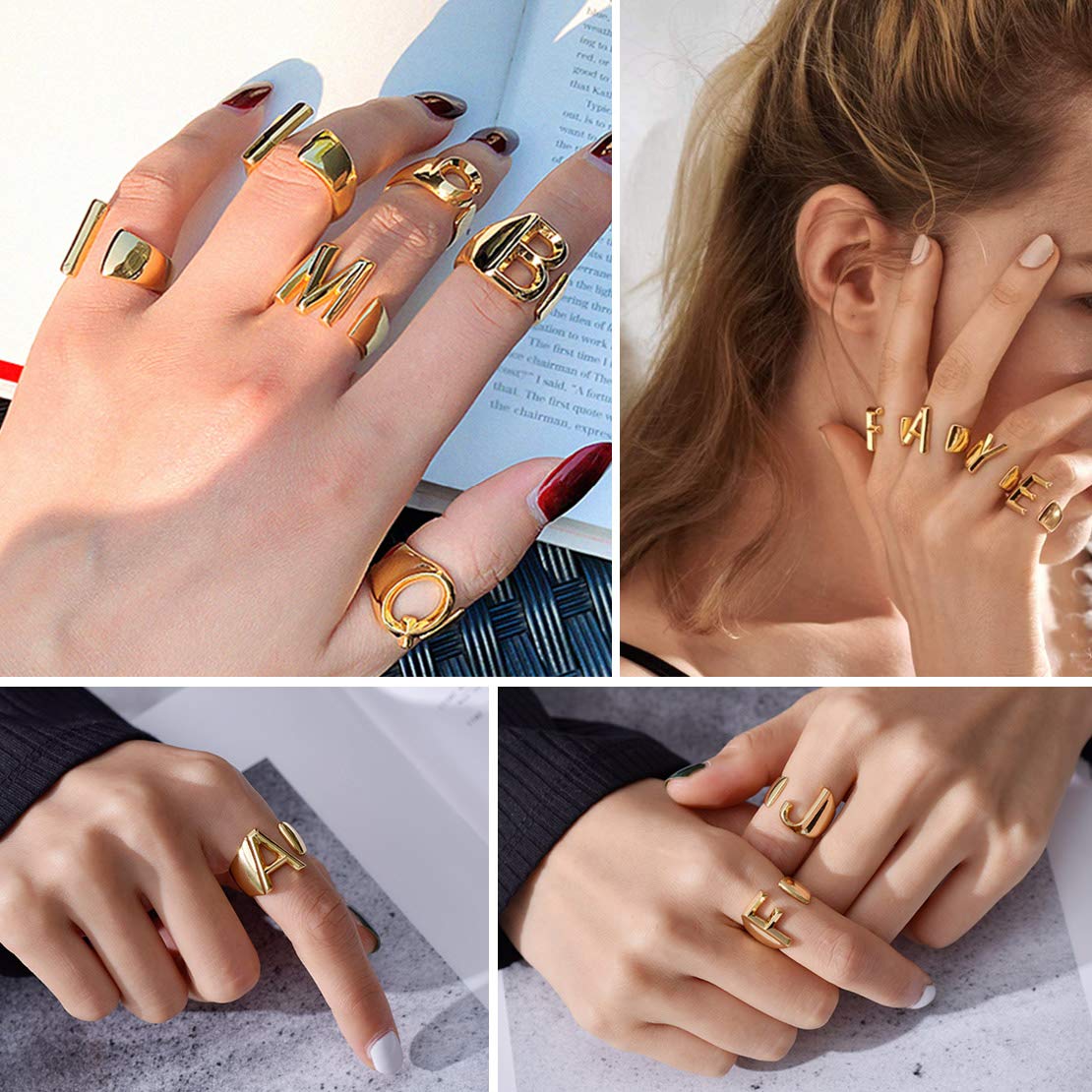 FindChic Initial Ring, Gold Letter Ring, Alphabet S Statement Adjustable Open Rings for Women, Stackable Ring 18K Gold Plated Wedding Band Rings Jewelry Gift