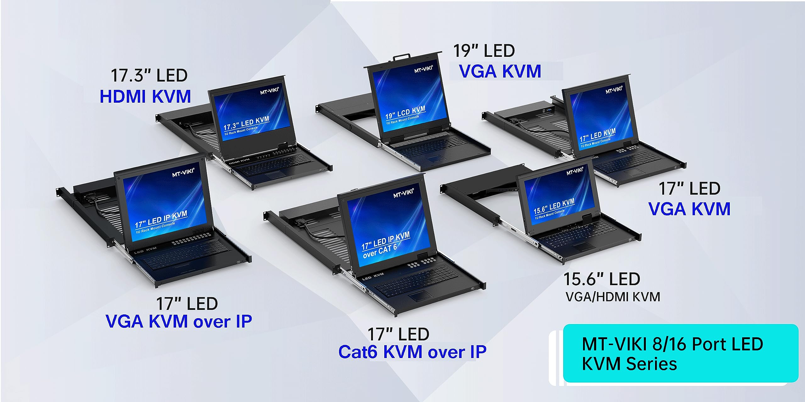MT-VIKI 1U 19'' LCD KVM Console, 8 Port Rack Mount Monitor KVM VGA for 19'' Rack, 1280X1024@60Hz, Support OSD/Hotkey/Panel Switching, 8 Packs KVM Cable