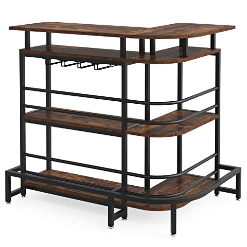 Tribesigns Home Bar Unit, L-Shaped Liquor Bar Table with 4 Glasses Holders and 4 Tier Shelves, Wine Bar Cabinet Mini Bar for Home Kitchen Pub, Freestanding Coffee Bar Table with Footrest, Rustic Brown