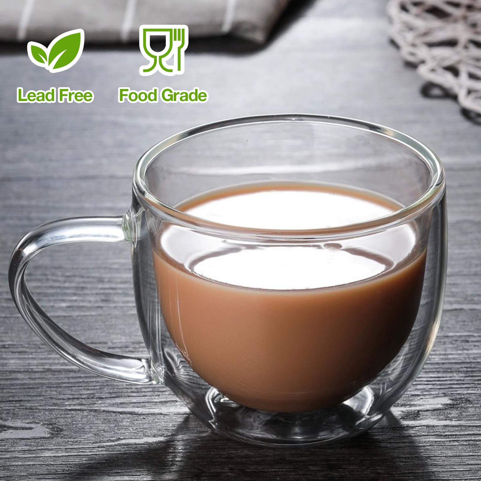 Double Walled Glass Coffee Mugs Set of 2, 8 oz Hand Blown Insulated Coffee Mugs with Handle, Clear Coffee Mugs for Cappuccino, Latte, Americano, Tea Bag, Beverage Glasses Heat Resistant Coffee Cups