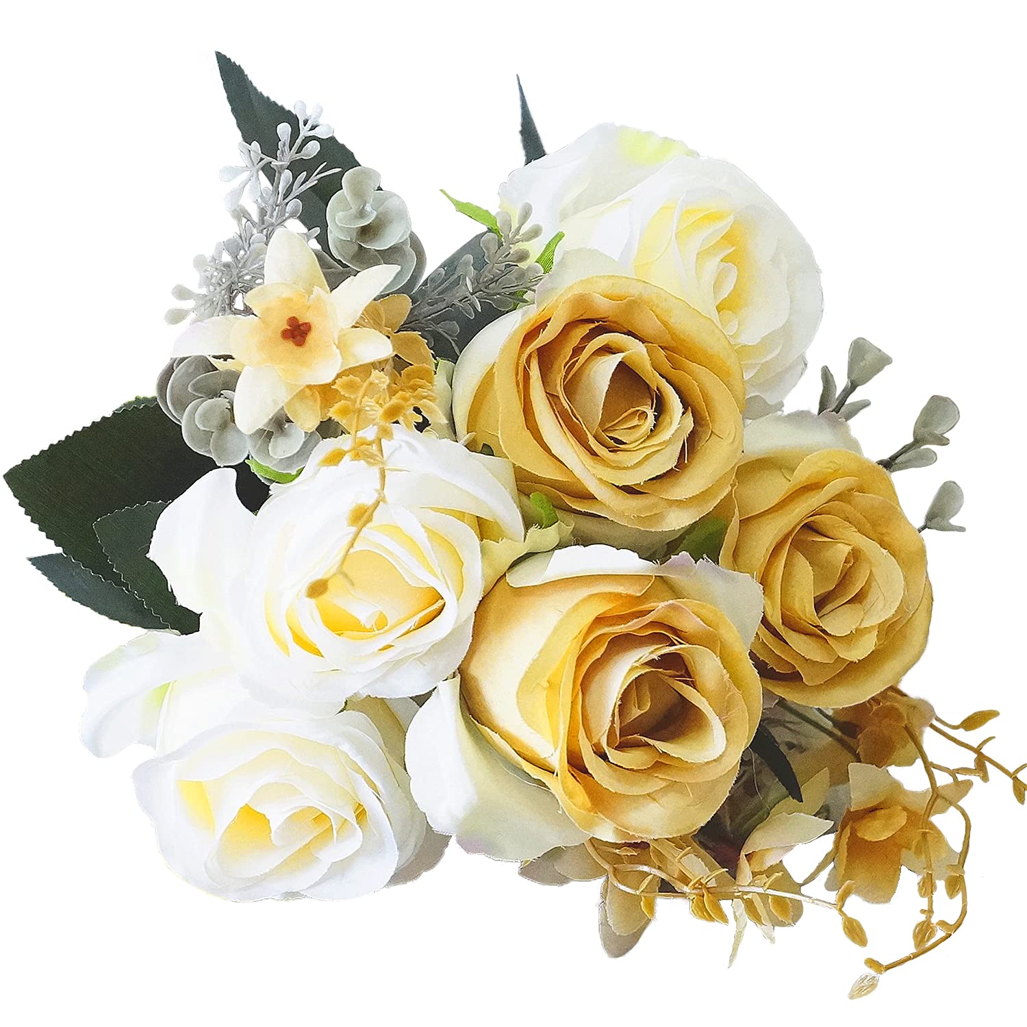 Sunlightam Artificial Flowers, Budding Fake Flowers 9 Heads Silk Roses Bridal Home Garden Office Dining Table Wedding Decor (White+Gold)