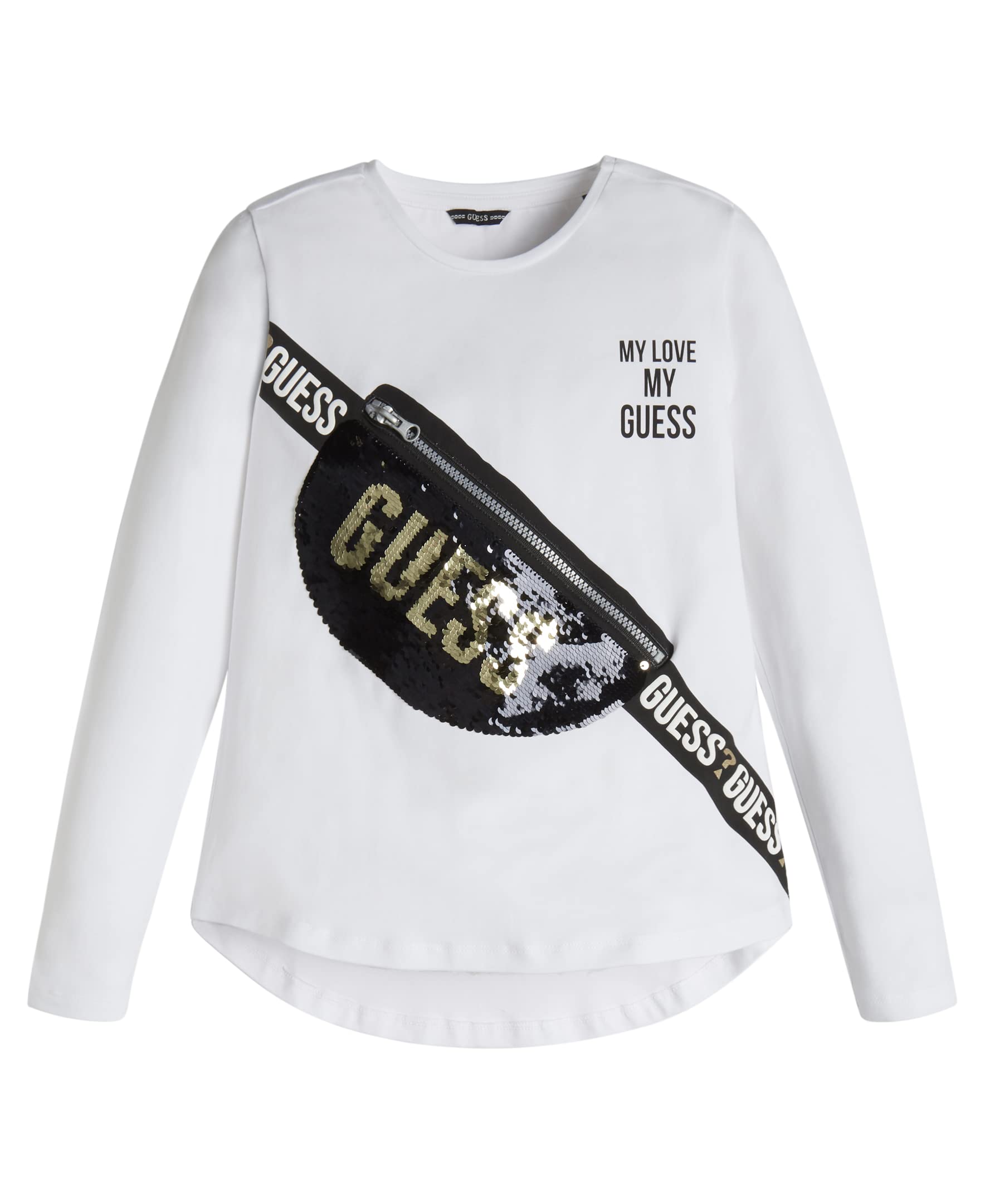 GUESS Girls' Reversible Sequin Artwork Organic Stretch Cotton T-Shirt, Pure White, 12