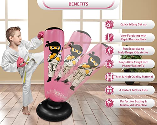 Pink Inflatable Punching Bag for Kids Complete with Boxing Gloves and Pump. for immediate Bounce Back for Practicing Mixed Martial Arts, Boxing, Taekwondo, Karate. Perfect Toy for Girls 4-12