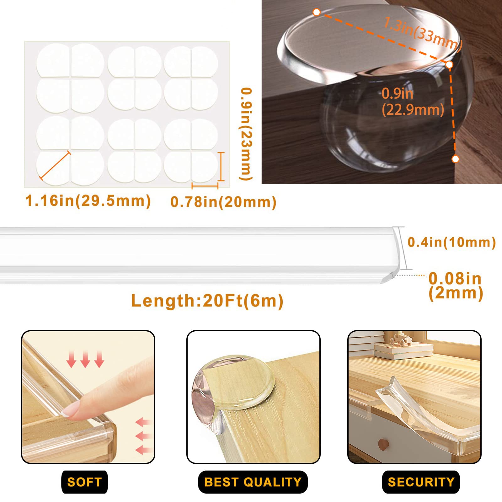 Edge Corner Protector,Baby Proofing Guards,Clear Soft Silicone Bumper Strip 20ft(6m) with Upgraded Pre-Taped Strong Adhesive,Round Child Safety Edge Protector(8pack) for Cabinets,Tables,Furniture