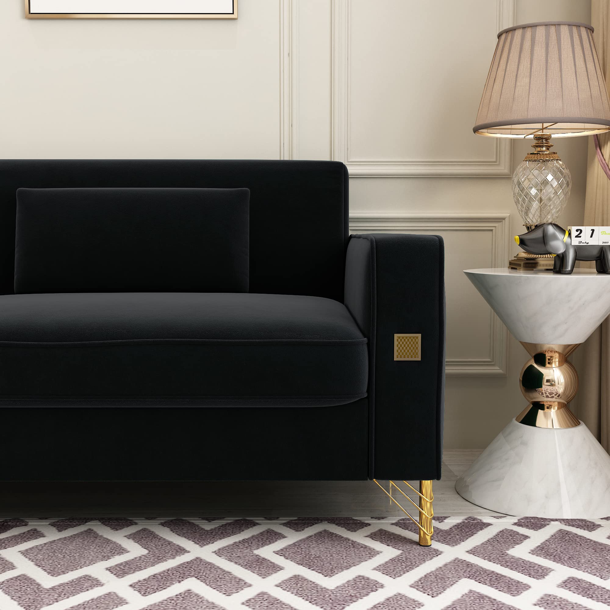 IQIAite 85" Wide Velvet Loveseat Sofa Mid Century Modern Comfy 3 Seat Couch Black Tufted Love Seat Sofas with 2 Pillows Gold Legs for Living Room Office Apartment Furniture Solid Wood Frame
