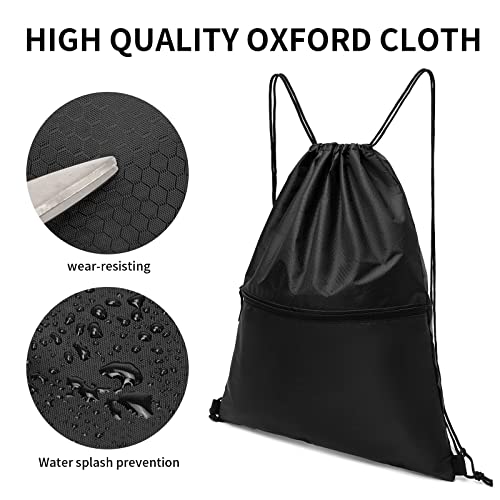 TEABAN Gym Drawstring Bag, Waterproof Drawstring Backpack with Zipper Pocket, Men's and Women's Fitness Drawstring Bag Swimming Bag, Black Large Capacity(19.3''x15.3'')