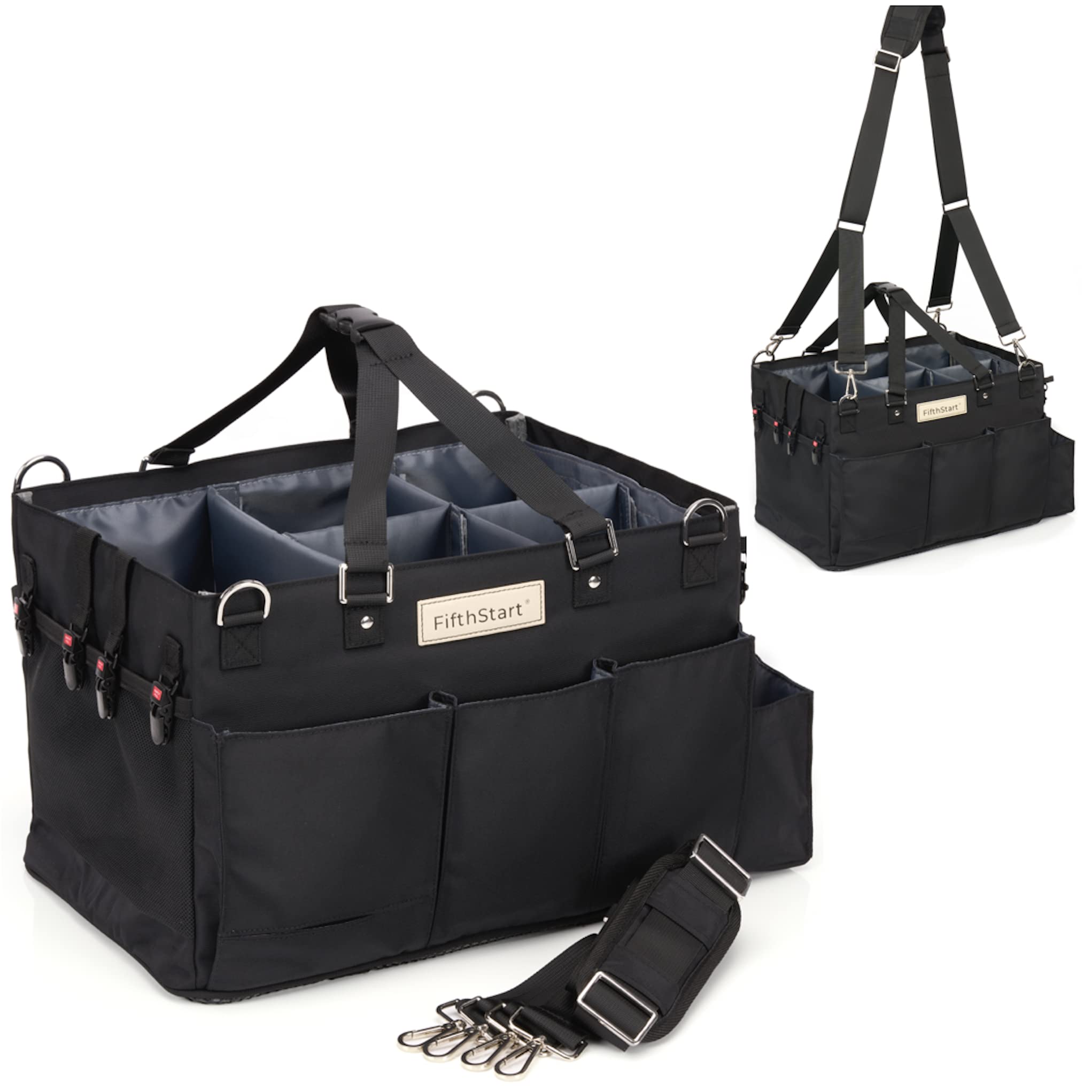 FifthStart Wearable Cleaning Caddy, A Cleaning Supplies Organizer With 4 Corner Shoulder Strap & Removable Waist Strap. Professional Cleaning Caddy Organizer With Handle: (Black, X-Large)