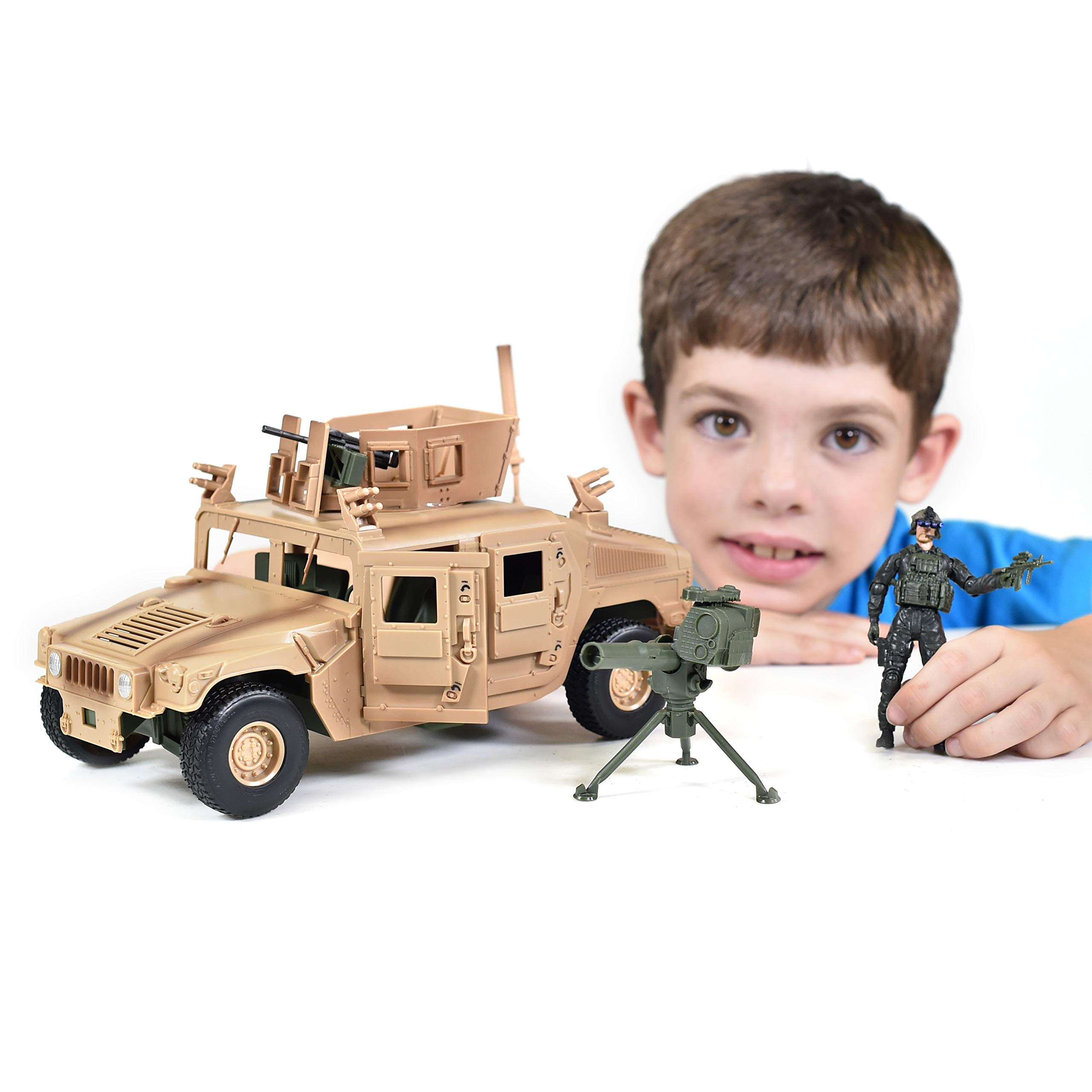 Sunny Days Entertainment M1114 Up-Armored Humvee โ Vehicle Playset with Action Figure and Realistic Accessories | 9 Piece Military Toy Set for Kids โ Elite Force
