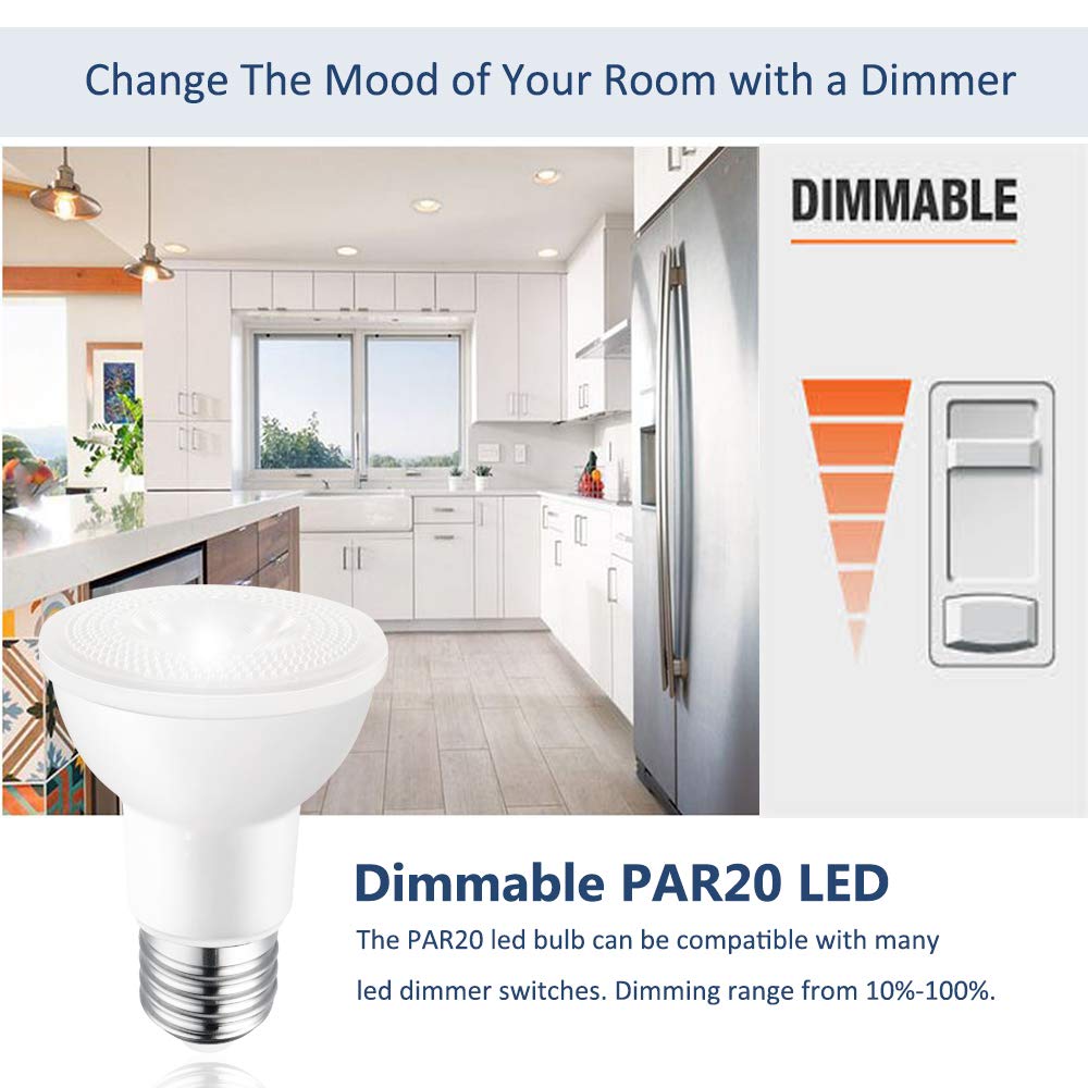TUMUPSM LED PAR20 Light Bulbs Dimmable 3000K Warm White, 7W 600LM E26 Flood Bulb, 50W 60W Halogen Equivalent, 40 Degree Track Recessed Led Bulb, 4 Pack