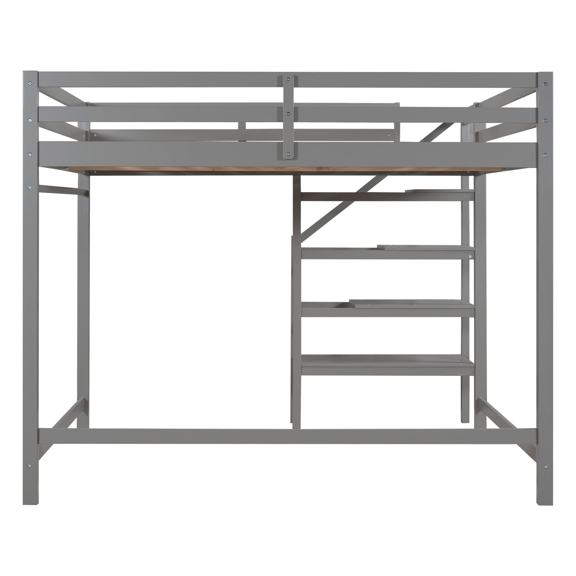 TARTOP Full Size Loft Bed with Built-in Storage Staircase and Hanger for Clothes, Solid Pine Wood Loftbed for Adults Kids Teens Bedroom,Dorm,No Spring Box Needed,Easy Assembly,Gray