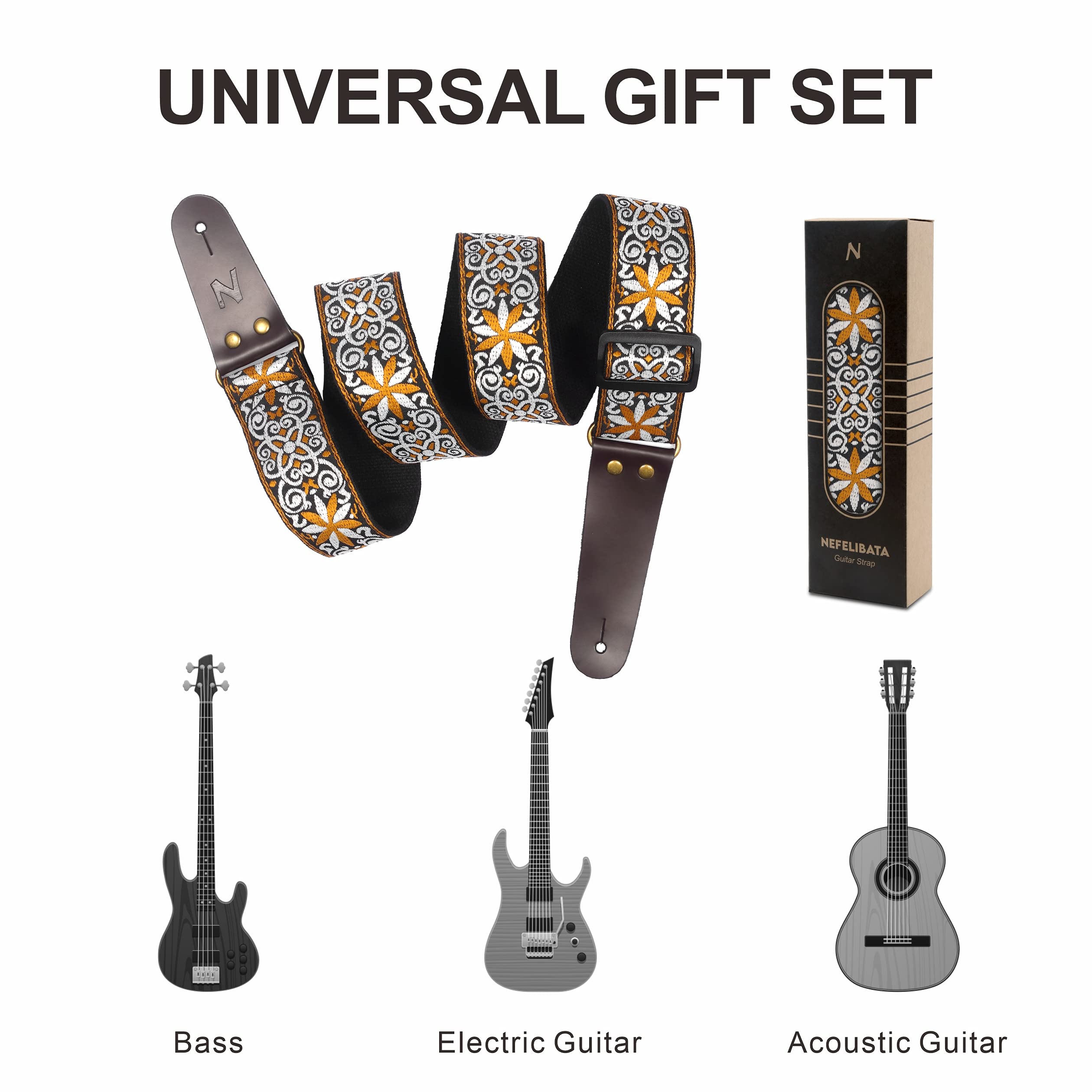 Guitar Strap, Vintage Embroidered Cotton Guitar Straps with Genuine Leather Ends for Bass, Electric & Acoustic Guitars, Come with Free Strap Button, 1 Pair Strap Lock and 4 Guitar Pick (Yellow Flower)