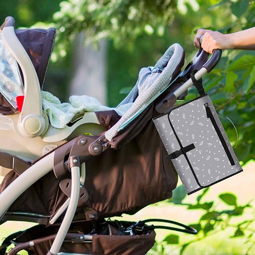 Enovoe Portable Diaper Changing Pad for Baby - Convenient, Durable, Waterproof Travel Changing Mat with Built-in Head Pillow for Your Infant - Grey Leaf Design