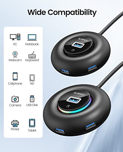 Multi Port USB Splitter, 4 Port USB 3.0 Hub, ORICO USB A Port Data Hub Have RGB Indicators, for Laptop, Computer, Mobile HDD, Flash Drive and Printer, Camera, Key-Borad, Mouse U-Disk etc
