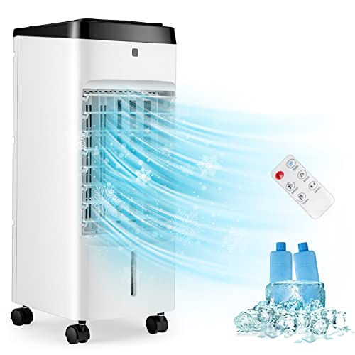 PETSITE Evaporative Air Cooler, Cold Air Cooling Fan with Remote Control, 4 Modes, 3 Speeds, 2 Ice Packs, 12H Timer, Portable Air Conditioner Windowless, Personal Swamp Cooler for Bedroom Home Dorm