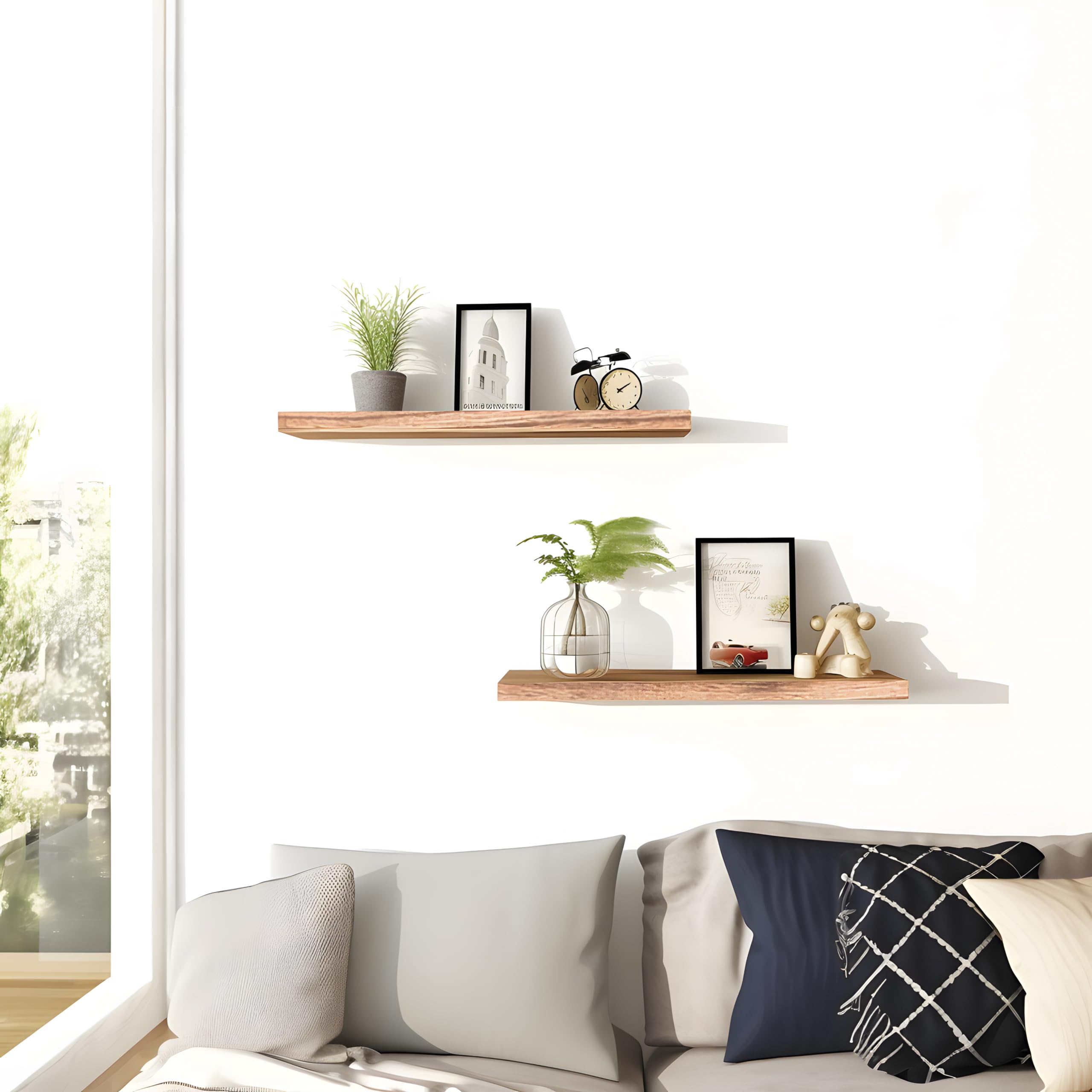 PHPH Wood Floating Shelves for Wall, Wooden Wall Shelves for Bedroom, Set of 6 Light Brown 17 Inch