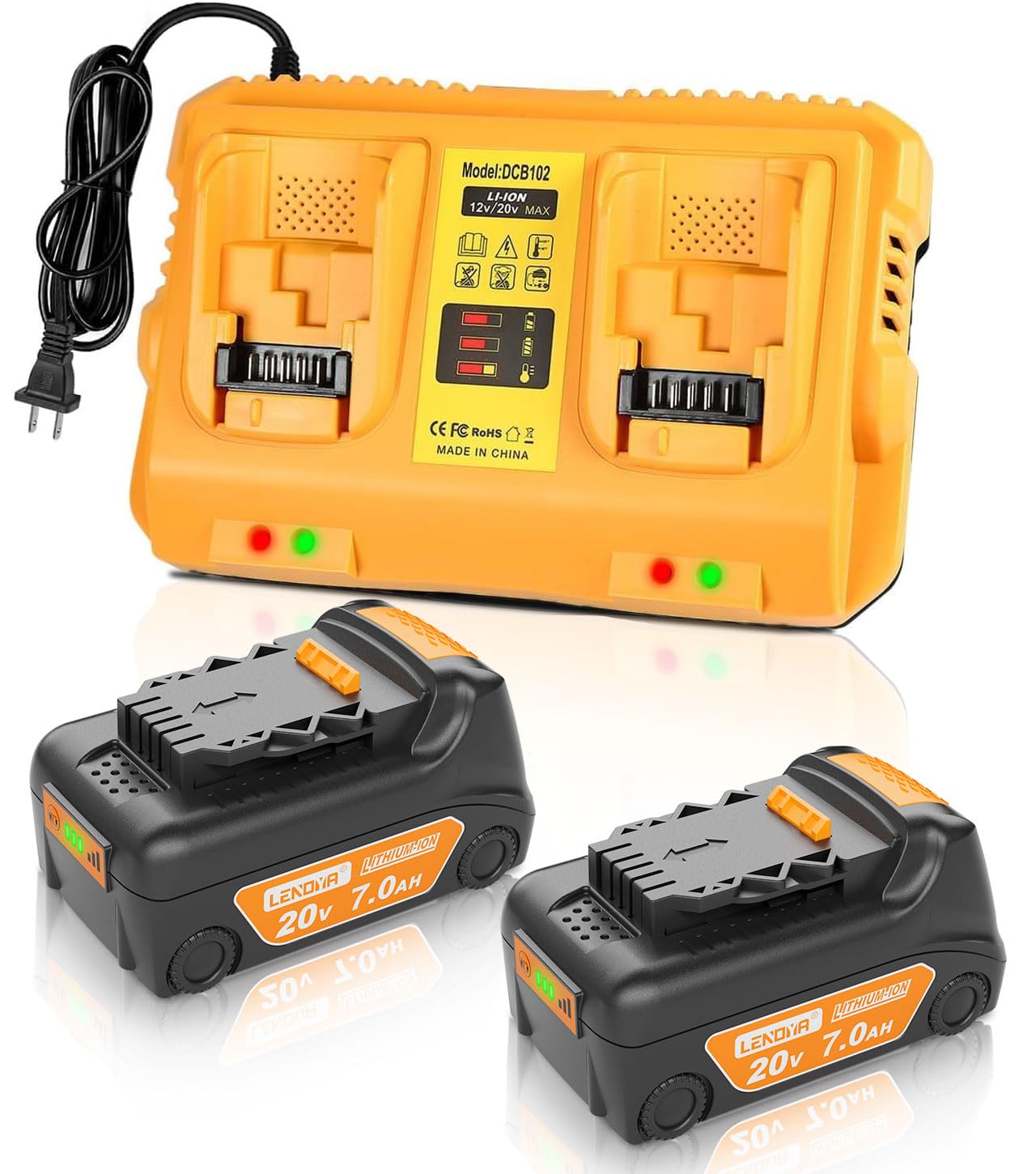 Lenoya Upgraded 20v 2Packs Replacement for Dewalt 20V Max Battery 7000mAh and DCB102 Charger Comaptible with Dewalt DCD DCF DCG Series Cordless Power Tools and 12V/20V Battery Charger Orange