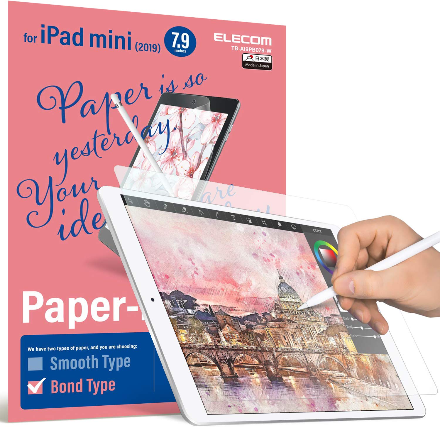 ELECOM Pencil-Feel Screen Protector Compatible with iPad Mini 5 (7.9inch 2019), iPad Mini 4 (7.9inch 2016), Designed for Drawing, Scratch-Resistant,Japan-Made *Smoothness 80*(TB-A19PB079-W)
