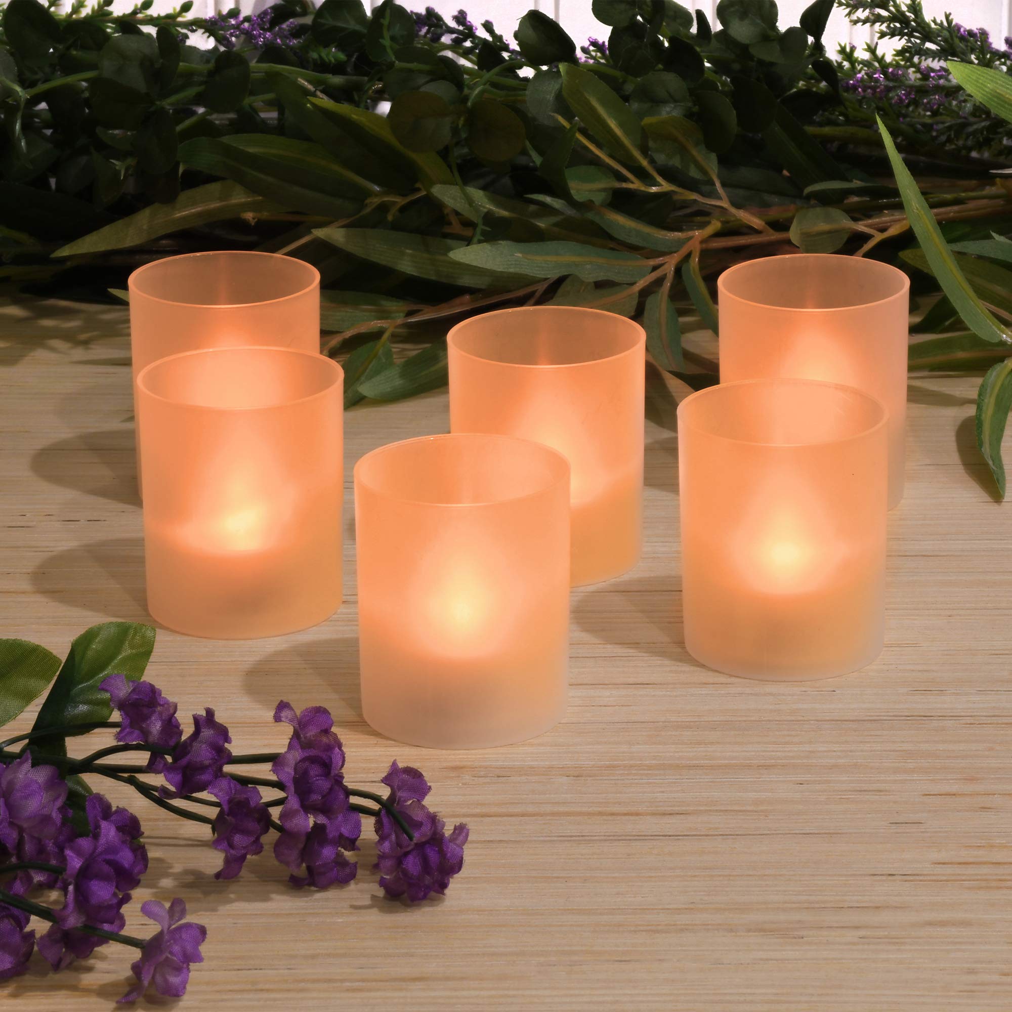 LumaBase Battery Operated LED Lights in Frosted Votive Holders - Orange, Set of 6, 82406