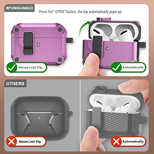 RFUNGUANGO AirPods Pro 2nd Generation/1st Generation Case Cover with Secure Lock Clip,Automatic Pop-up Case Full-Body Shockproof Hard Protective Cover for AirPods Pro 2 Case(2022/2019)-Purple