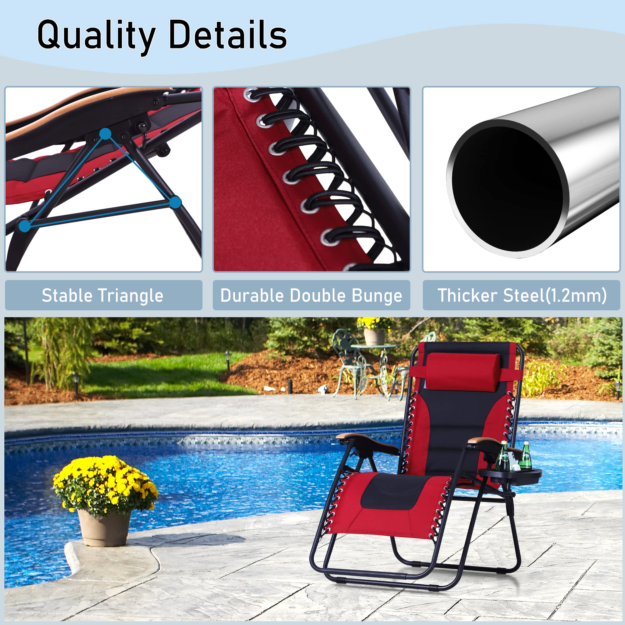 PHI VILLA XXL Oversized Padded Zero Gravity Chair, Foldable Patio Recliner, 30" Wide Seat Anti Gravity Lounger with Cup Holder, Support 400 LBS (Red)