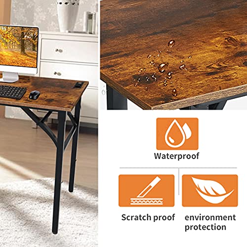 TEMI 31.5'' Computer Desk with Power Outlet, Home Office Writing Desk, Study Table Workstation, Stable Metal Frame, Rustic Brown