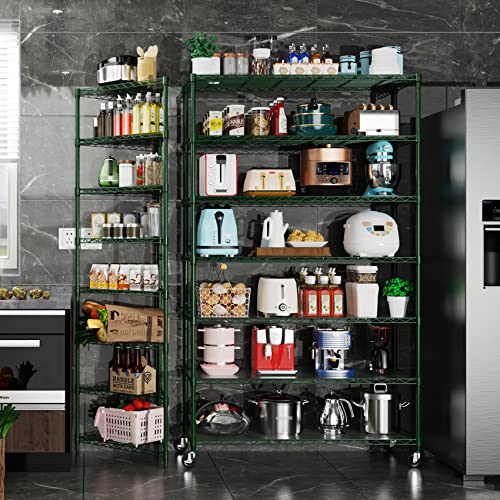 pouseayar Wire Shelving Unit, 7 Tier NSF Metal Shelf 2450lbs Capacity Heavy Duty Adjustable Storage Rack with Wheels & Shelf Liners for Kitchen Garage Basement, 82" H x 48" L x 18" D Green