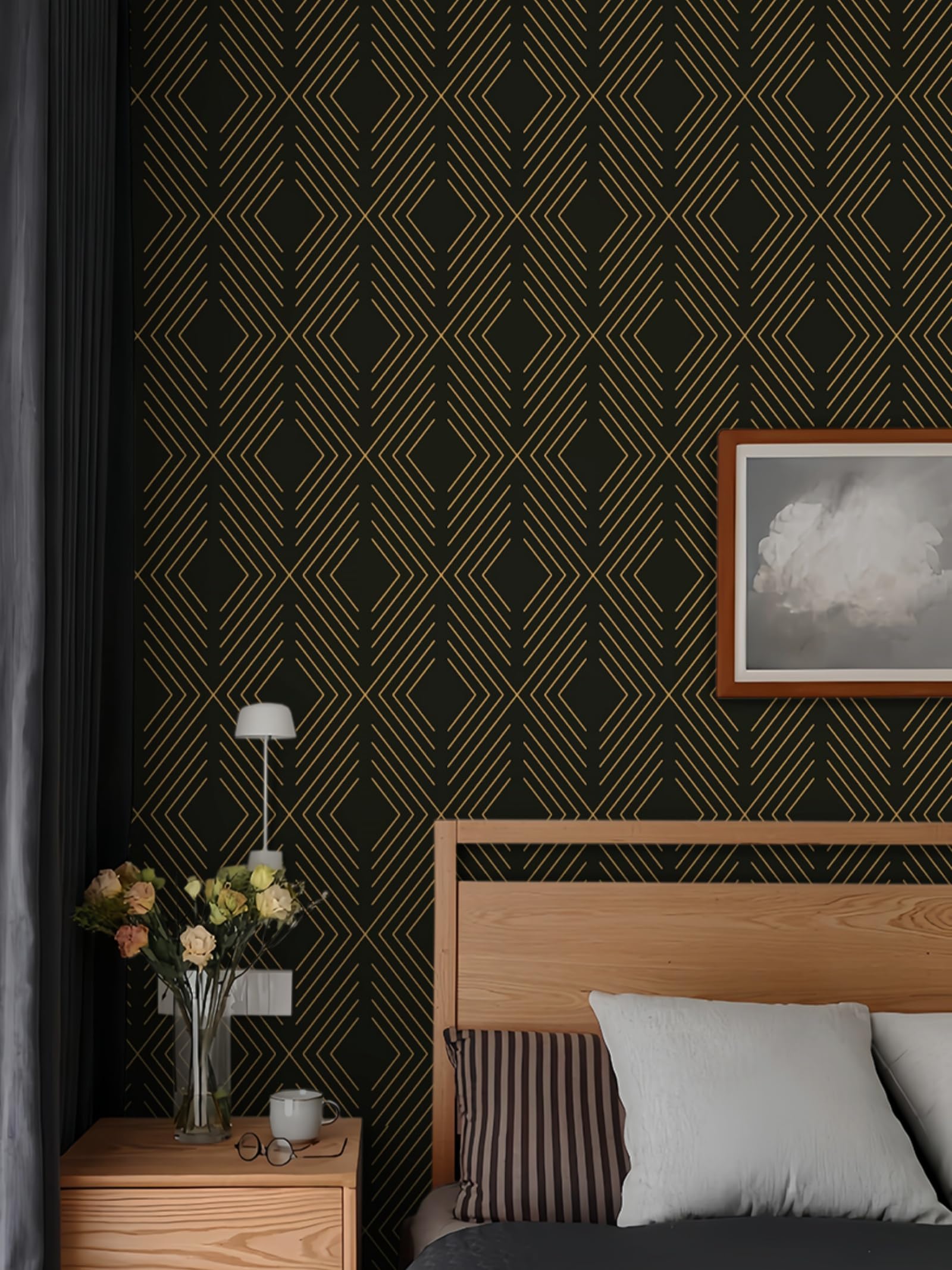 LiKiLiKi Geometric Peel and Stick Wallpaper Black and Gold Wallpaper Modern Contact Paper Boho Removable Self-Adhesive Decorative Wallpaper for Cabinets Bathroom Bedroom Kitchen Vinyl Roll 17.3โx118โ