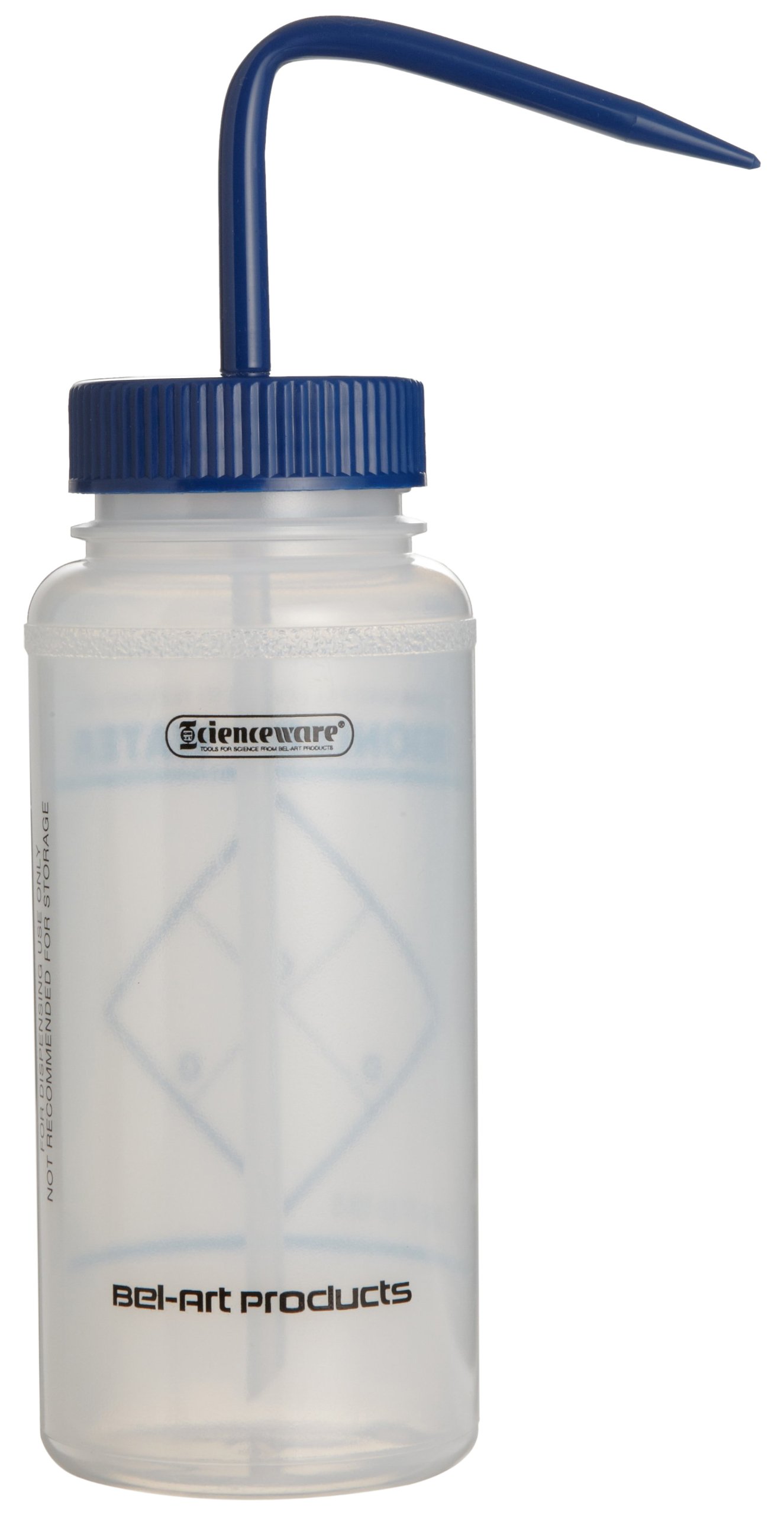 SP Bel-Art Safety-Labeled 2-Color Deionized Water Wide-Mouth Wash Bottles; 500ml (16oz), Polyethylene w/Blue Polypropylene Cap (F11646-0631), Natural, (Pack of 6)