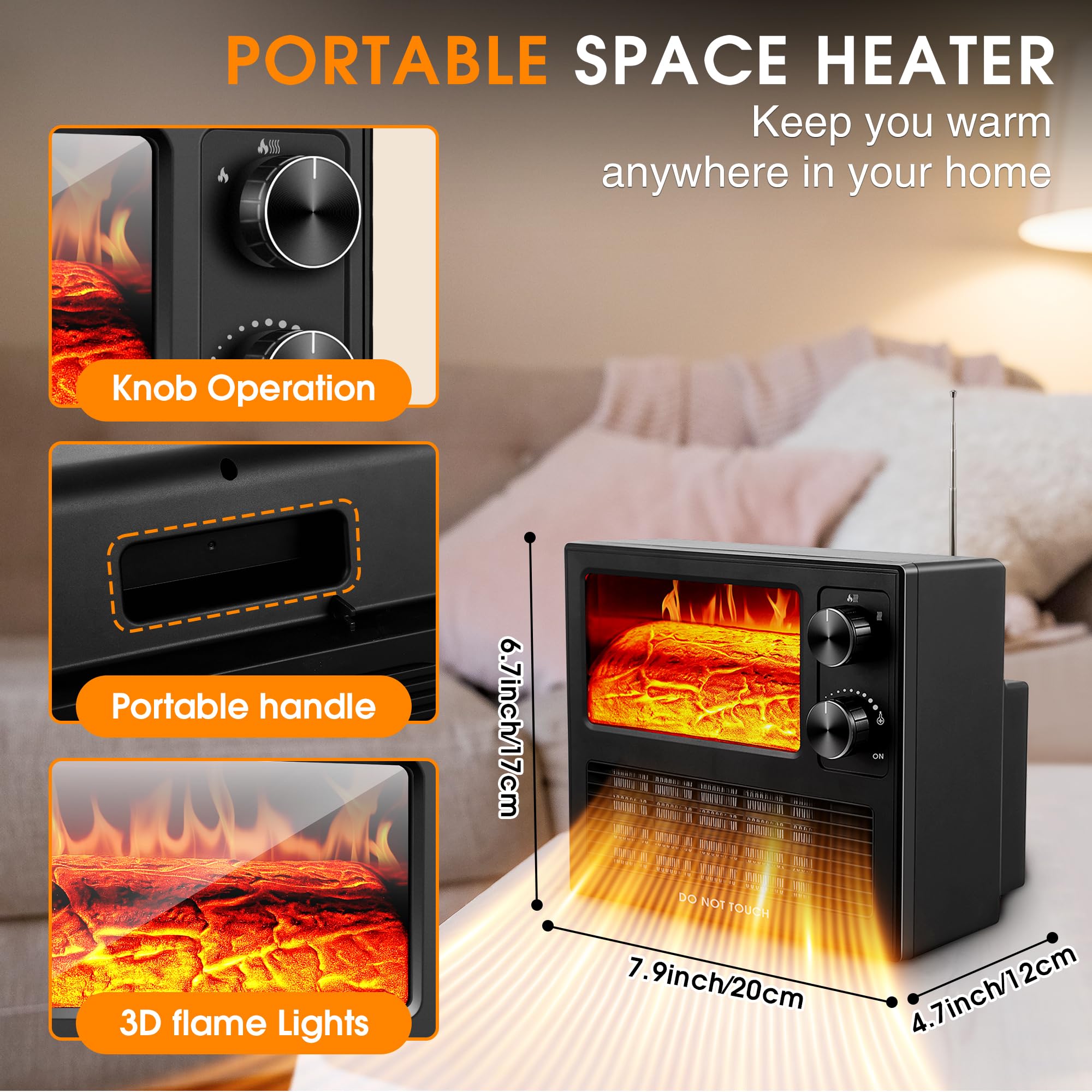 Feekoon Small Electric Space Heater, 1000W Portable Fireplace Heaters with Realistic Flame Effect, Overheat Protected Desk Heater for Office Indoor Use