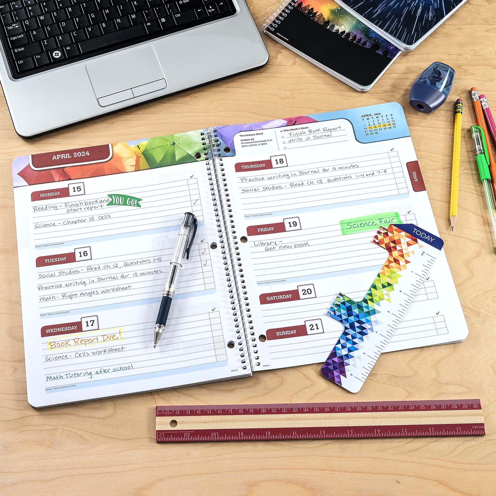 Global Datebooks Dated Middle School or High School Student Planner for Academic Year 2023-2024 Includes Ruler/Bookmark and Planning Stickers (Block Style - 5.5"x8.5" - Deep Blue Marble)