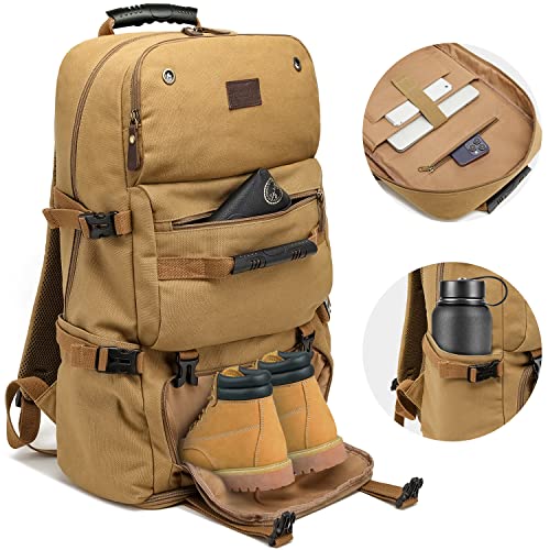TUGUAN 50/60L Travel Backpack, Laptop Backpack for Men Large Capacity Outdoor Tactical Hiking Backpack with Shoe Compartment Expandable Canvas Rucksack for Travel Camping Climbing, Brown