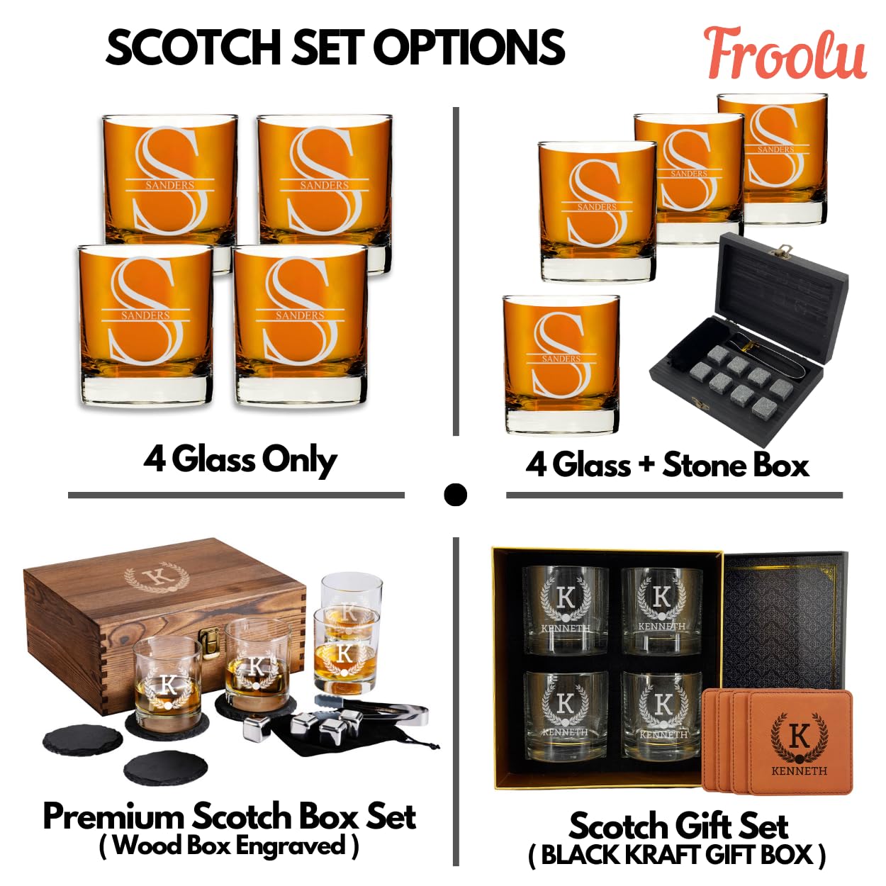 Froolu Customized Whiskey Gifts for Men - Personalized Scotch Glass Gift Set with Box - Engraved Wisky Rocks Glasses for Boyfriend, Husband, Dad - Valentine's, Birthday, Anniversary.