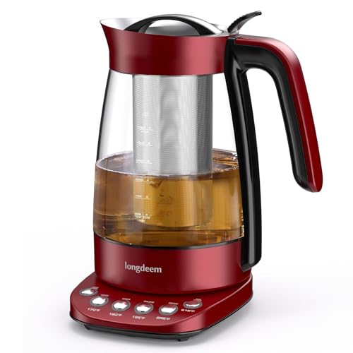 Electric Glass Tea Kettle with Infuser, 1.7L Fast Boiling, Stainless Steel, Temperature Control Tea Maker, BPA Free - Easy Lid Removal & Keep Warm Feature, Red