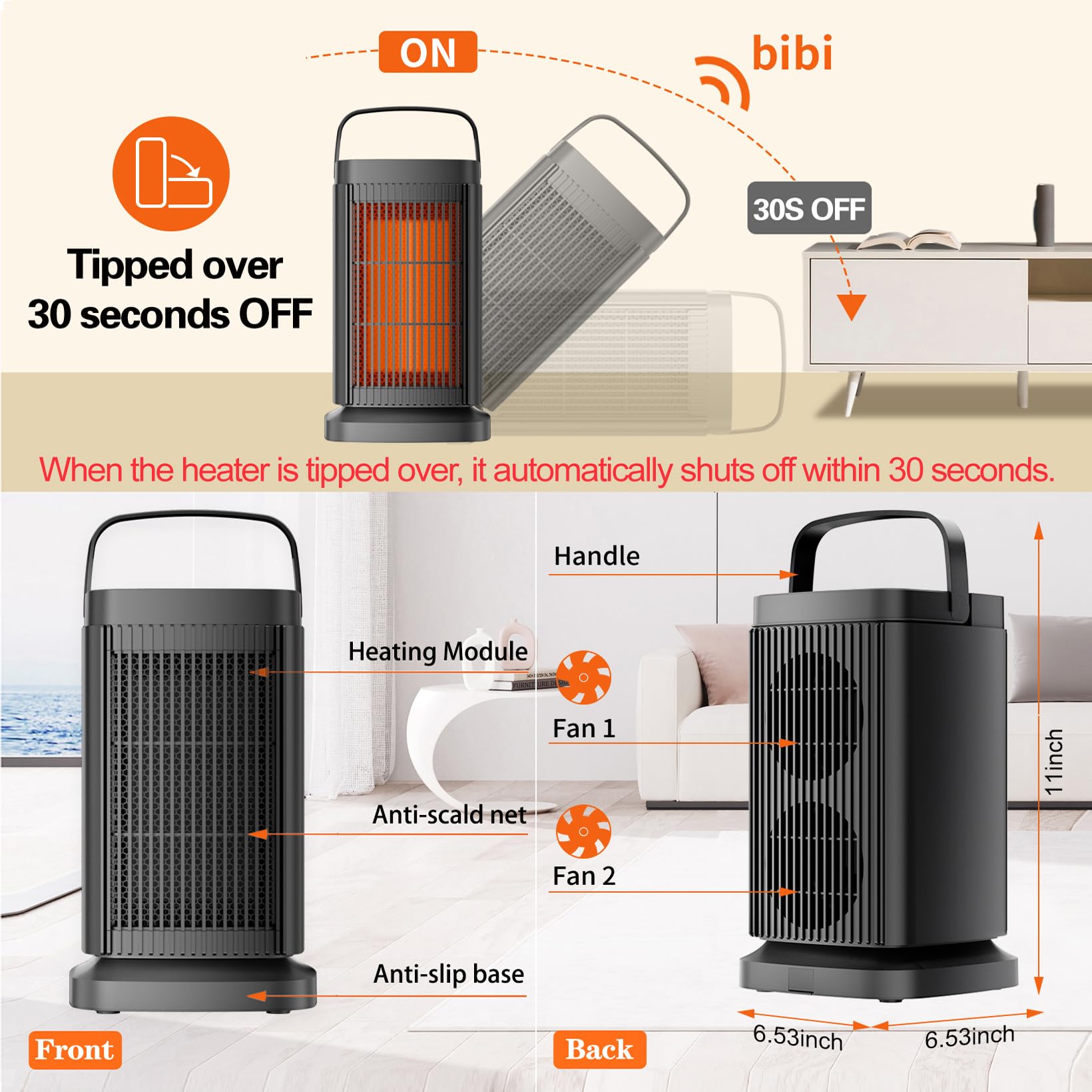 Space Heater and Desktop Cooling Fan Combo,Heater 1000W/1500W for Winter Use, Fan for Spring, Summer and Fall use, Dual Fan Blowing Silent for Office, Study, Desktop, Bedroom,and Other Uses.-Black