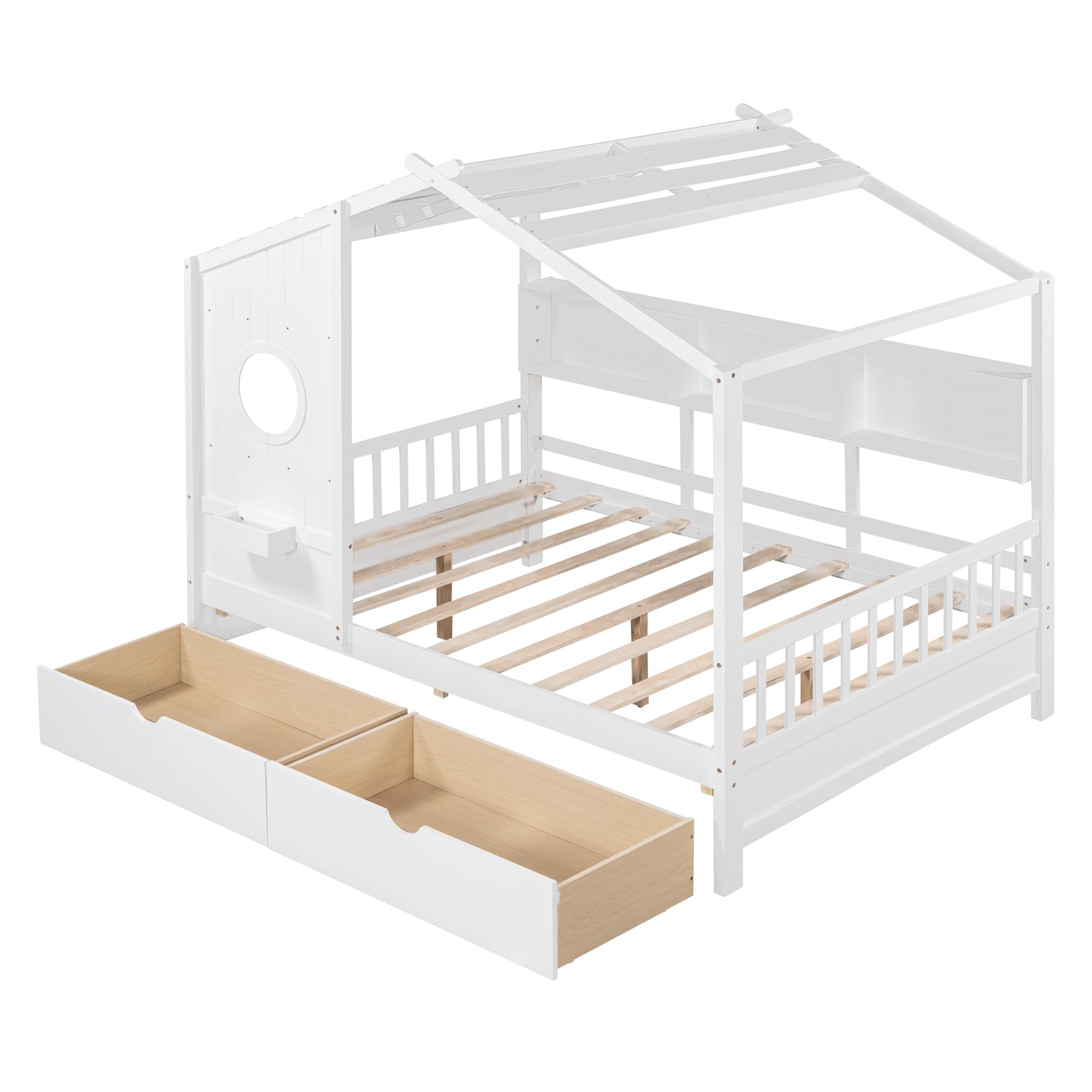 Merax Wood Full House Daybed with Drawers & Storage Shelves,Day Bed for Kids Boys Girls No Box Spring Needed White