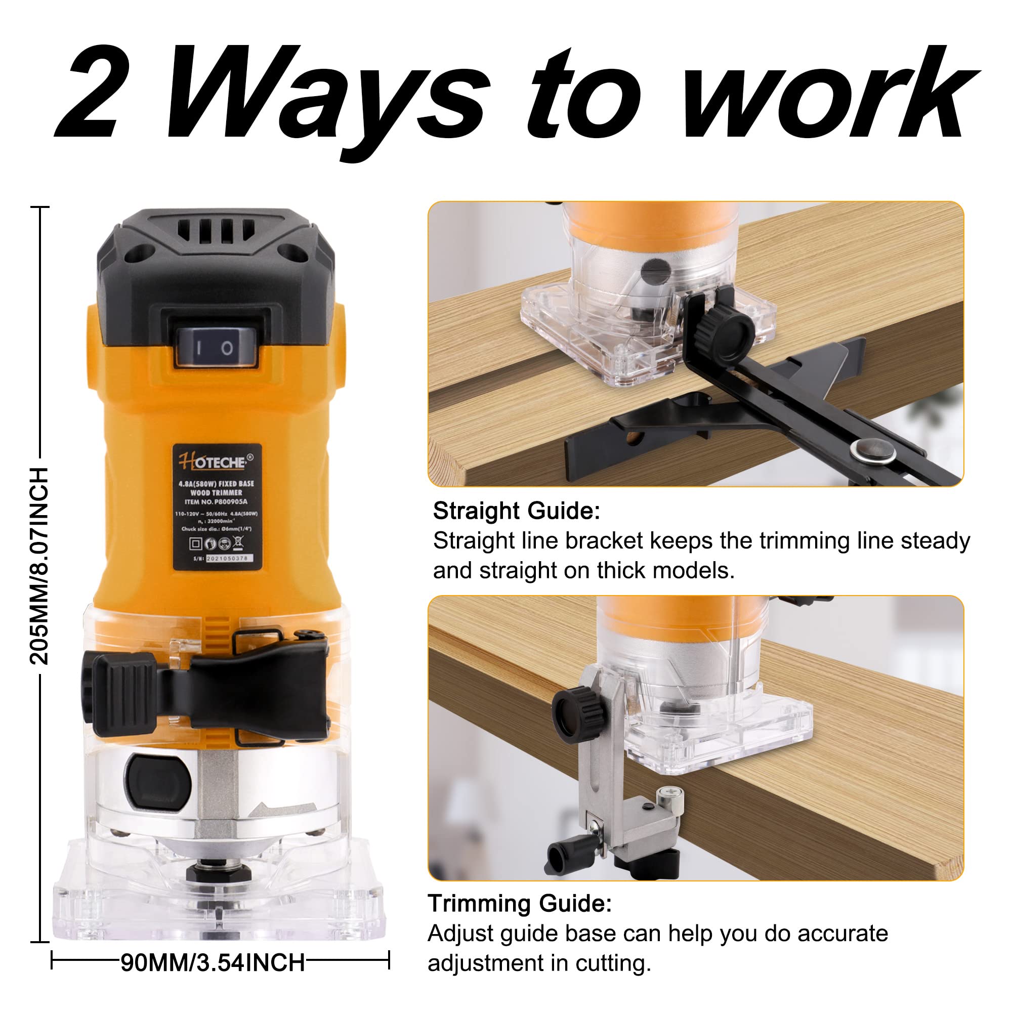 Hoteche Cpmpact Router 4.8-Amp/580W Wood Trimmer Fixed Base Electric Palm Router with 1/4" Collet for Wood Working Slotting, Trimming, Carving